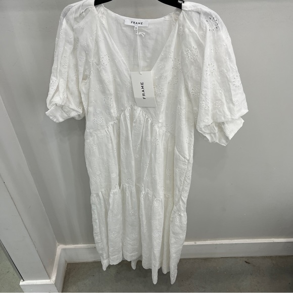 Frame Denim | Dresses | Frame Vneck Puff Sleeve Dress Blanc | Poshmark